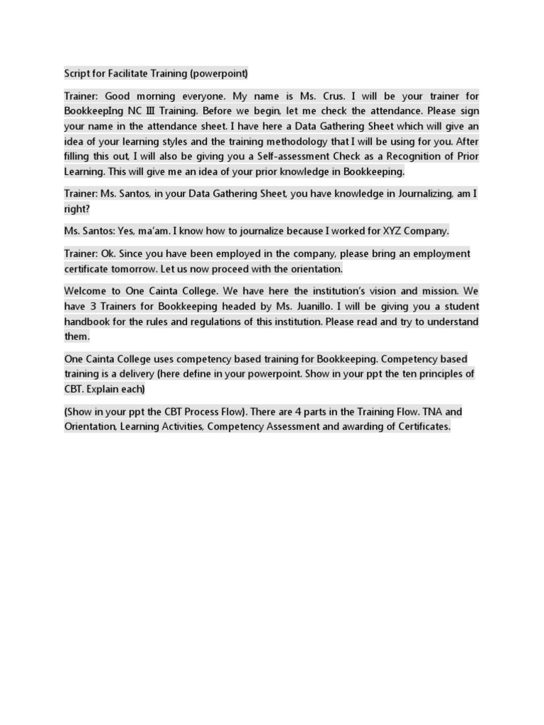 Script For Facilitate Training | PDF | Competence (Human Resources) | Educational Assessment