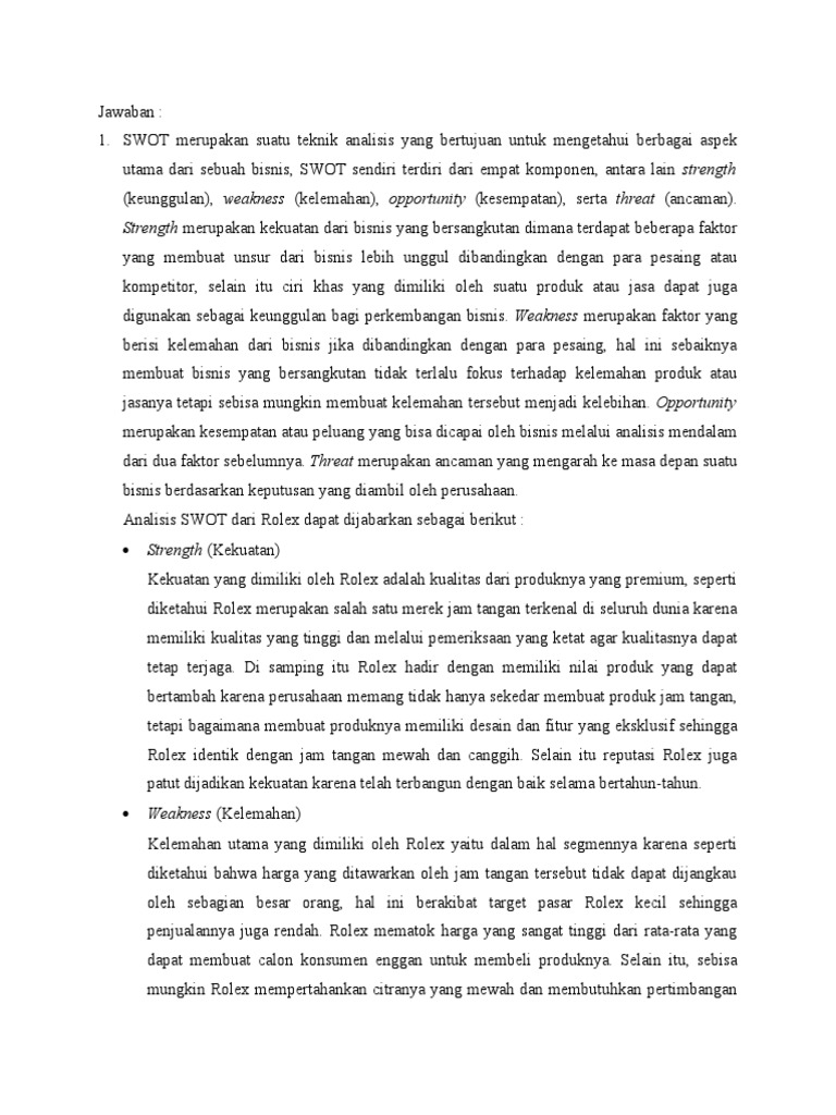 Analisis SWOT dan Strategi Rolex | PDF | Bisnis | Pengelolaan Keuangan ...