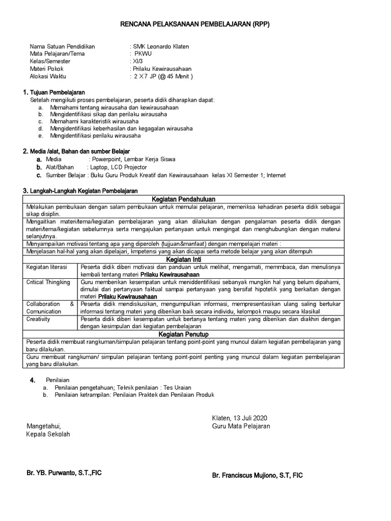 RPP Pertemuan 1 & 2 PKWU Kelas XI | PDF