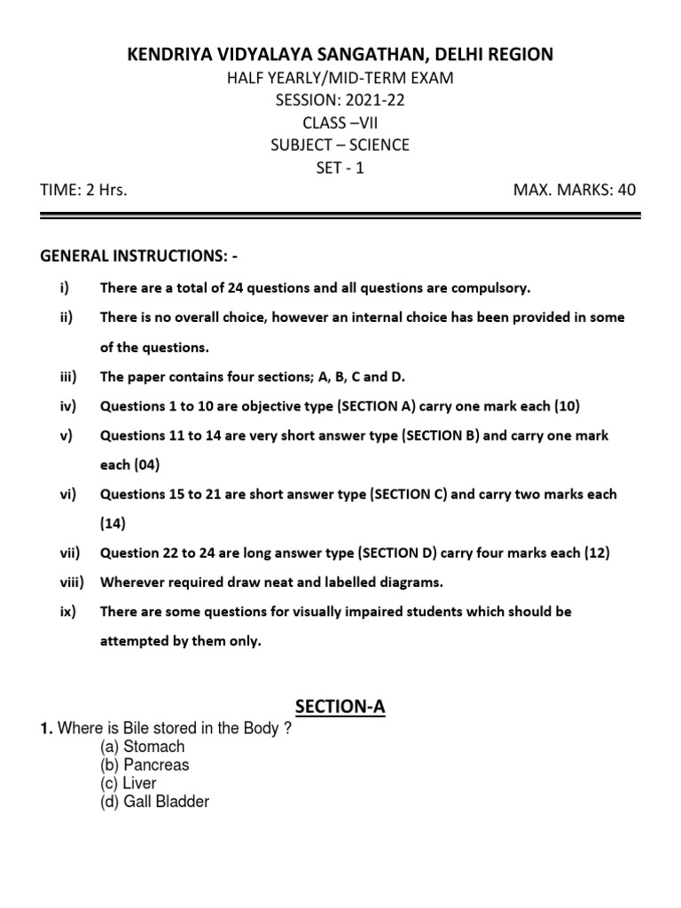 Class 7 Science Mid-Term Exam Paper | PDF | Digestion | Biology