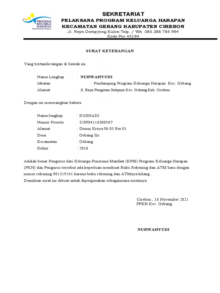 Surat Keterangan PKH | PDF