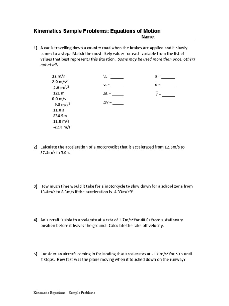 Kinematics Sample Problems: Equations of Motion: Not at All | PDF | Acceleration | Velocity
