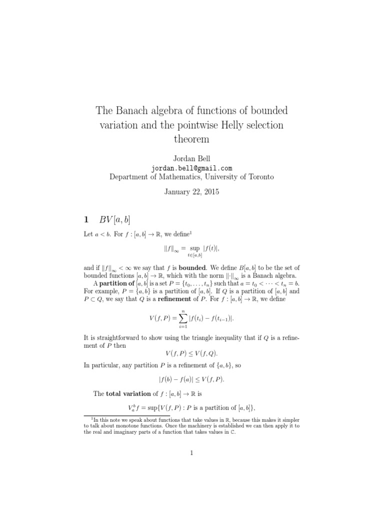 The Banach Algebra of Functions of Bounded Variation and The Pointwise Helly Selection Theorem ...