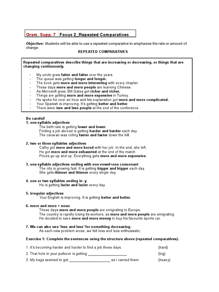 Gram. Supp. 7 - Focus 2 - Repeated Comparatives | PDF | Adjective | Languages