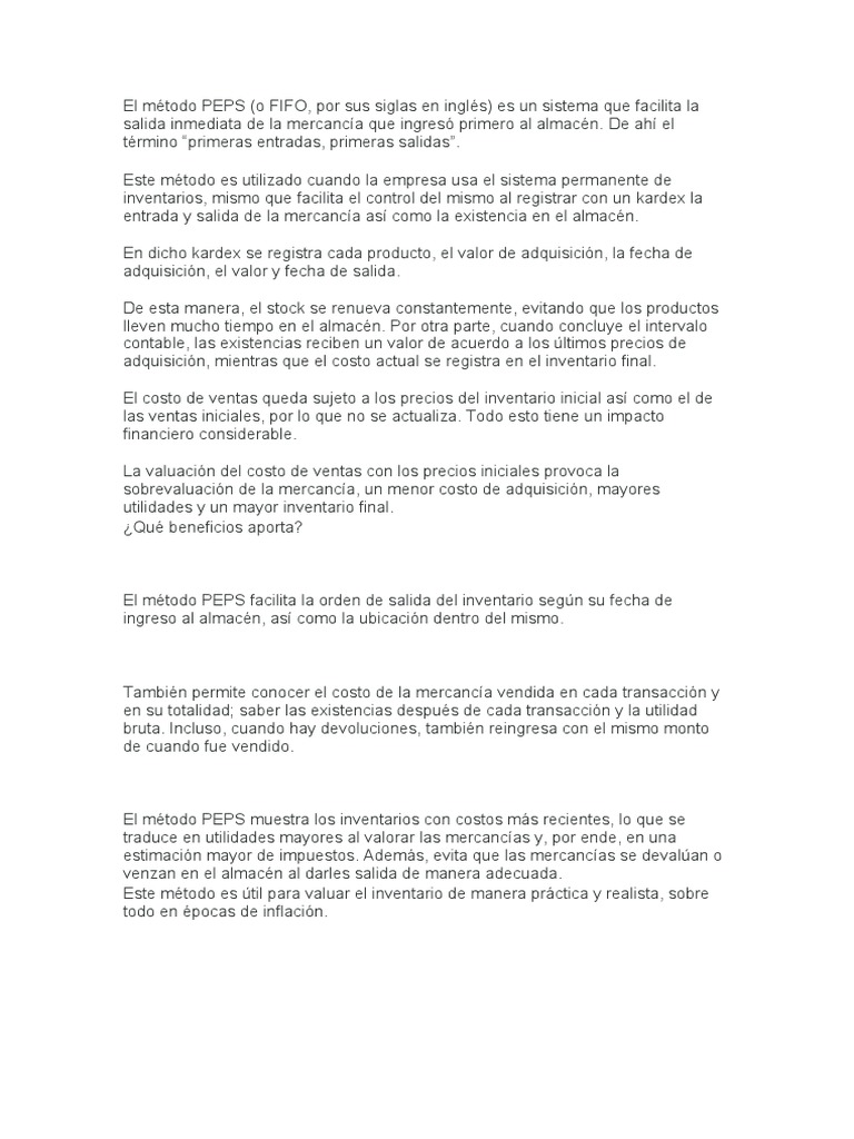 Método PEPS: Valuación y Beneficios | PDF | Negocios | Finanzas y dinero