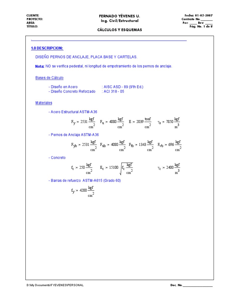 Diseño de Pernos de Anclaje, Placa Base y Cartelas | PDF