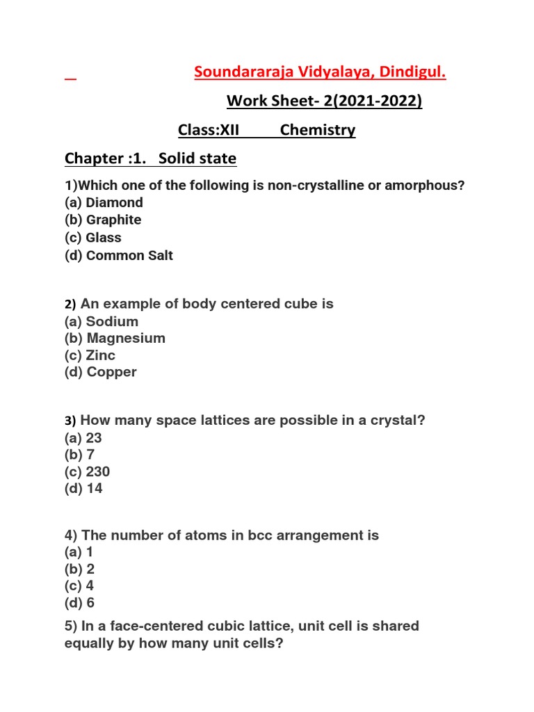 Class 12 Chemistry MCQ Worksheet-2 | PDF | Crystal Structure ...