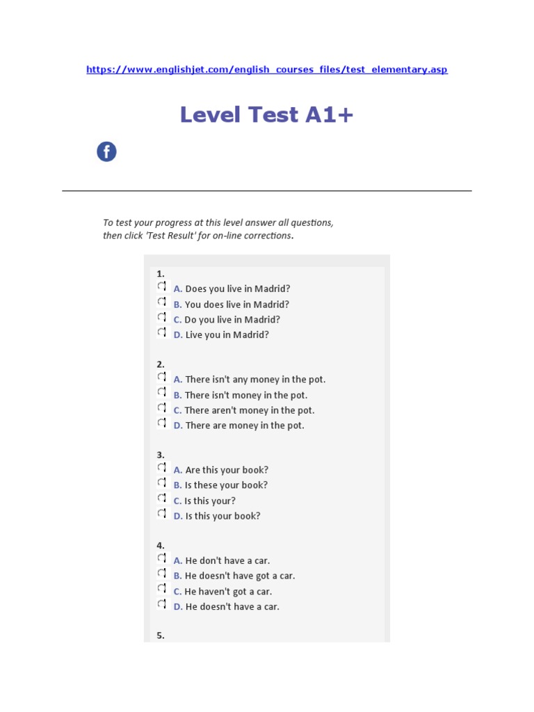 Level Test A1+ | PDF | Linguistics