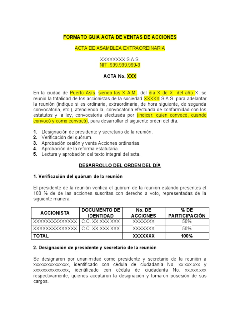 Modelo Acta Venta Acciones S.A.S. | PDF | Gobierno