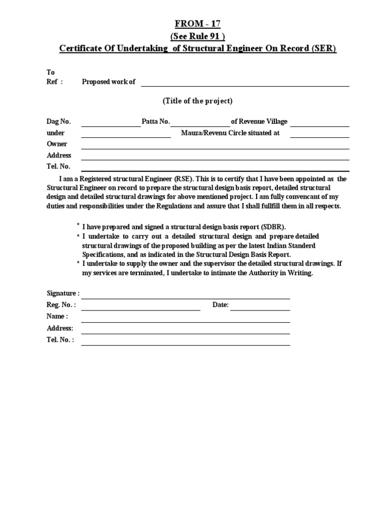 FROM - 17 (See Rule 91) Certificate of Undertaking of Structural ...