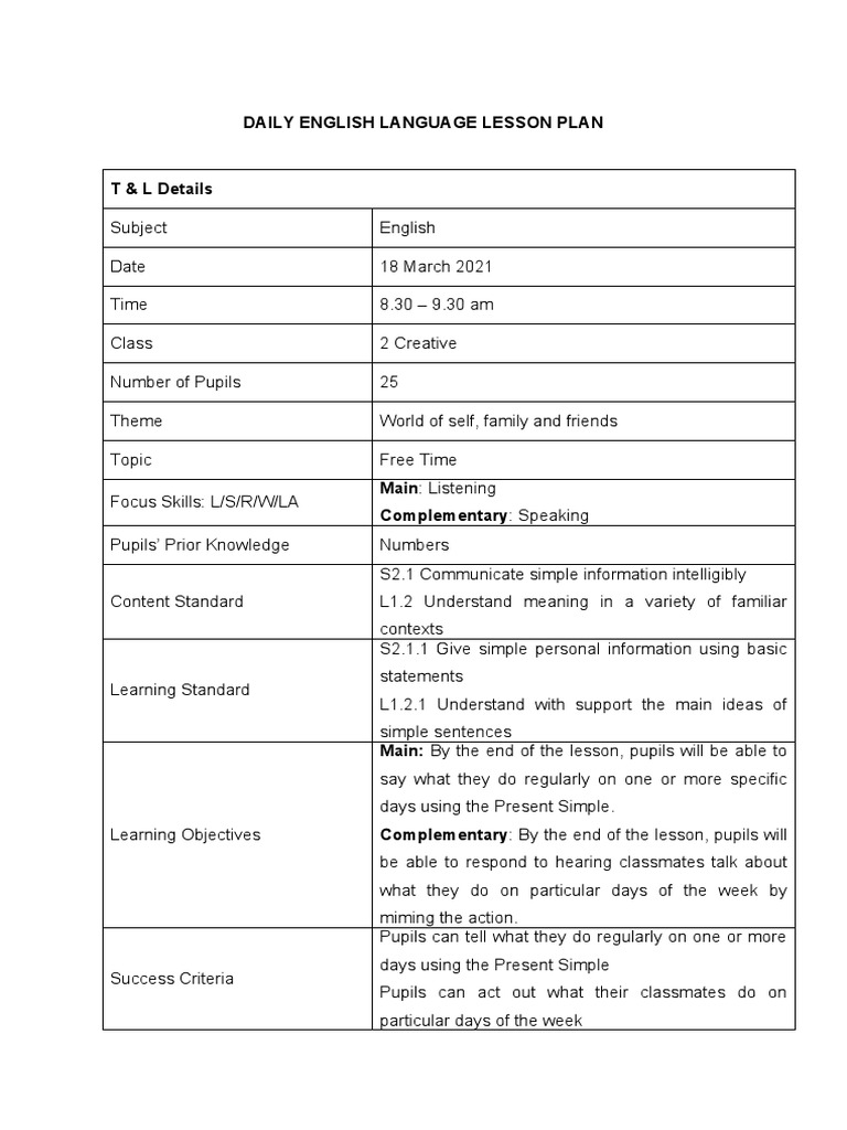 Daily English Language Lesson Plan | Download Free PDF | Lesson Plan ...