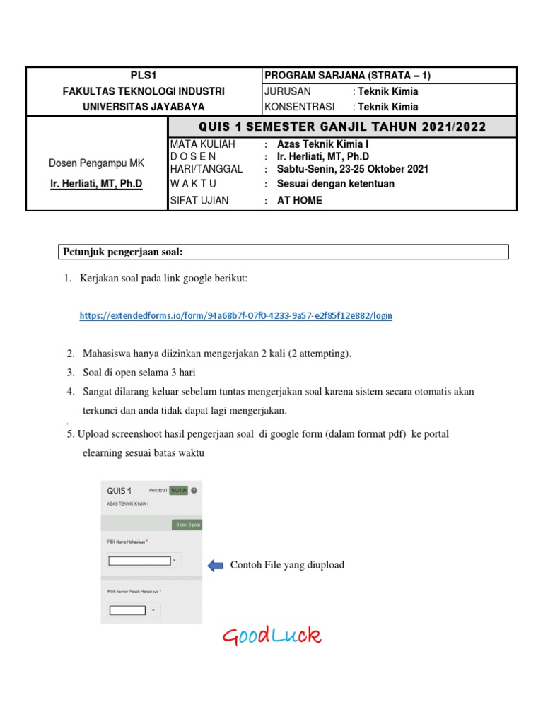 9008S1TKCE30532018 - Azas Teknik Kimia I - Pertemuan 7 - Kuis 2 | PDF