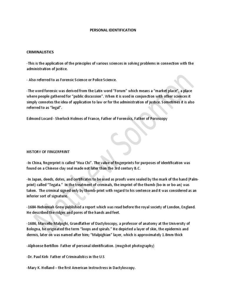 Personal Identification | PDF | Fingerprint | Forensic Science