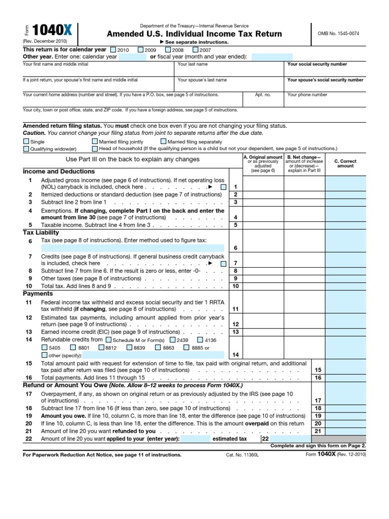 Amended U.S. Individual Income Tax Return: Use Part III On The Back To ...