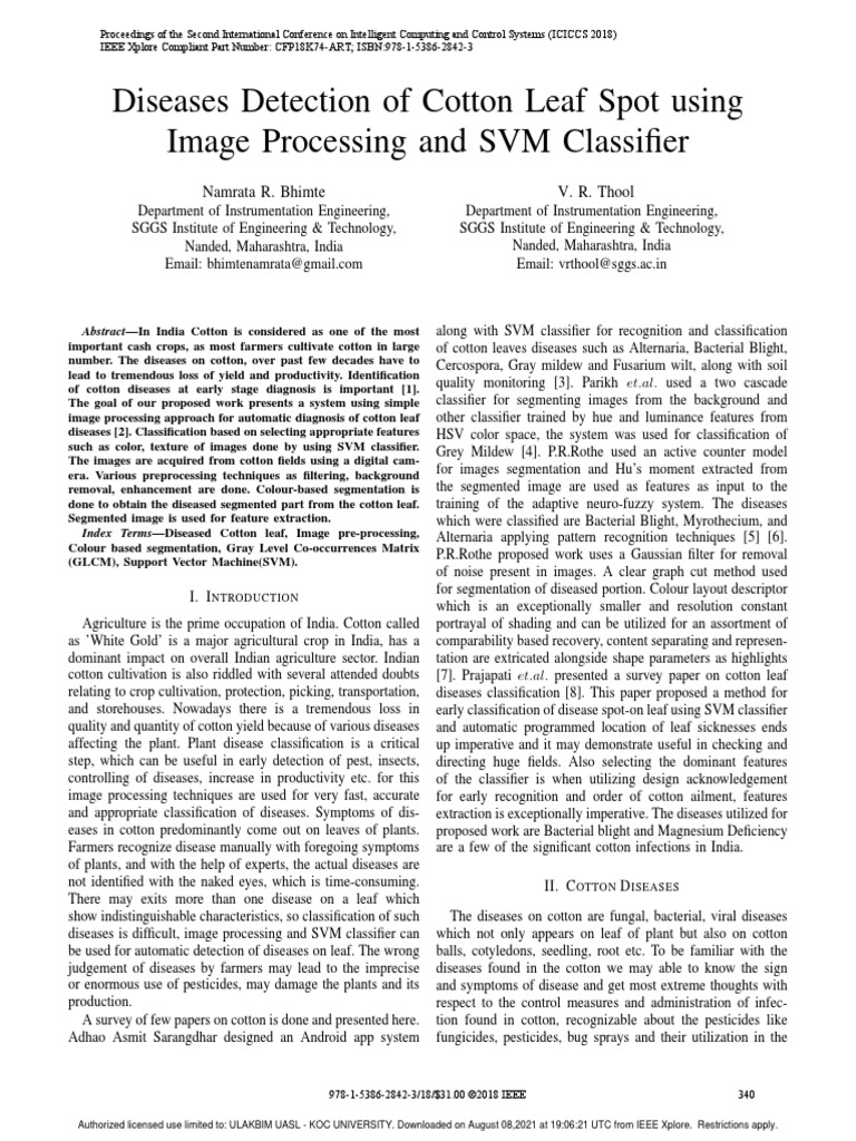 Diseases Detection of Cotton Leaf Spot Using Image Processing and SVM Classifier | PDF | Image ...