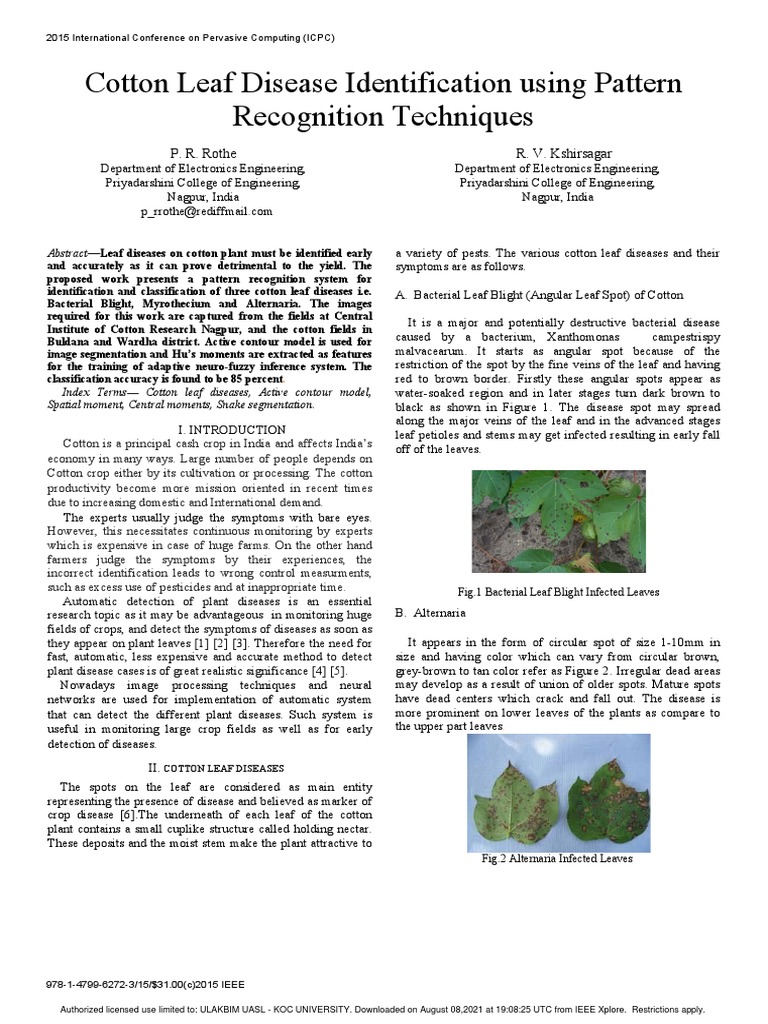 Cotton Leaf Disease Identification Using Pattern Recognition Techniques