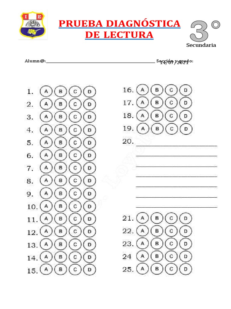 3° Sec Prueba Diagnóstica de Lectura 2021 - Hoja de Respuestas | PDF