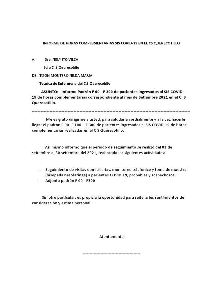 Informe Disa de Horas Complementarias Sis Covid | PDF