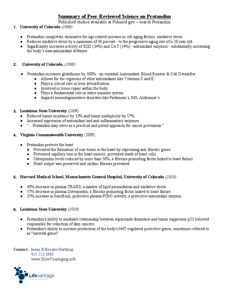 Protandim Summary of Clinincal Studies - University Version. | PDF ...