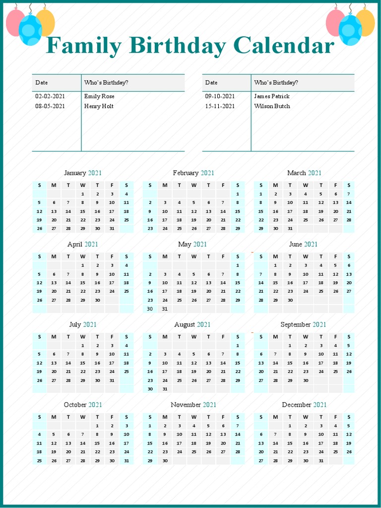 Birthday Calendar Template-3a | PDF | Microsoft Excel | Text