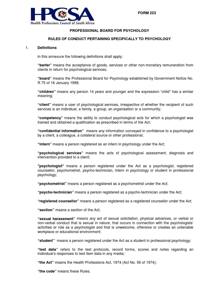HPCSA Ethical Code of Professional Conduct Africa Del Sur | PDF | Confidentiality | Psychology