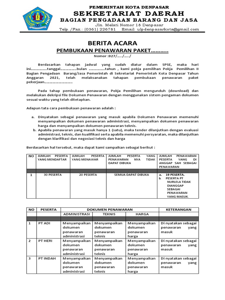 Contoh BA PEMBUKAAN PENAWARAN | PDF