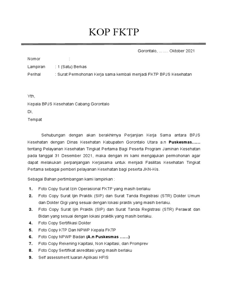 1 Surat Permohonan Kerja Sama Kembali Menjadi FKTP BPJS Kesehatan | PDF