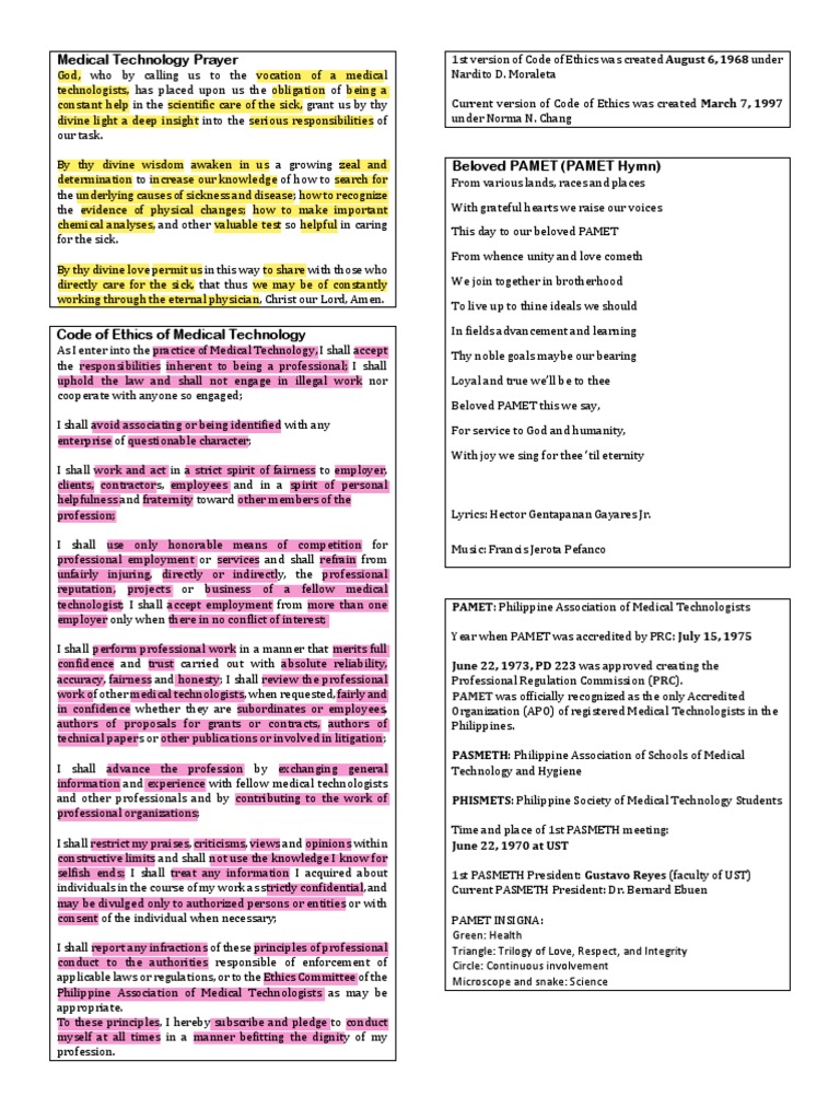 Medical Technology Prayer: PAMET: Philippine Association of Medical ...