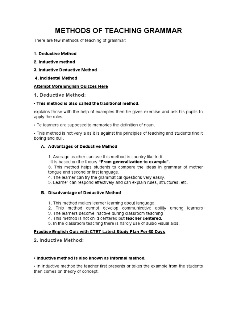 Methods Of Teaching Grammar 1 Deductive Method Pdf Grammar Learning