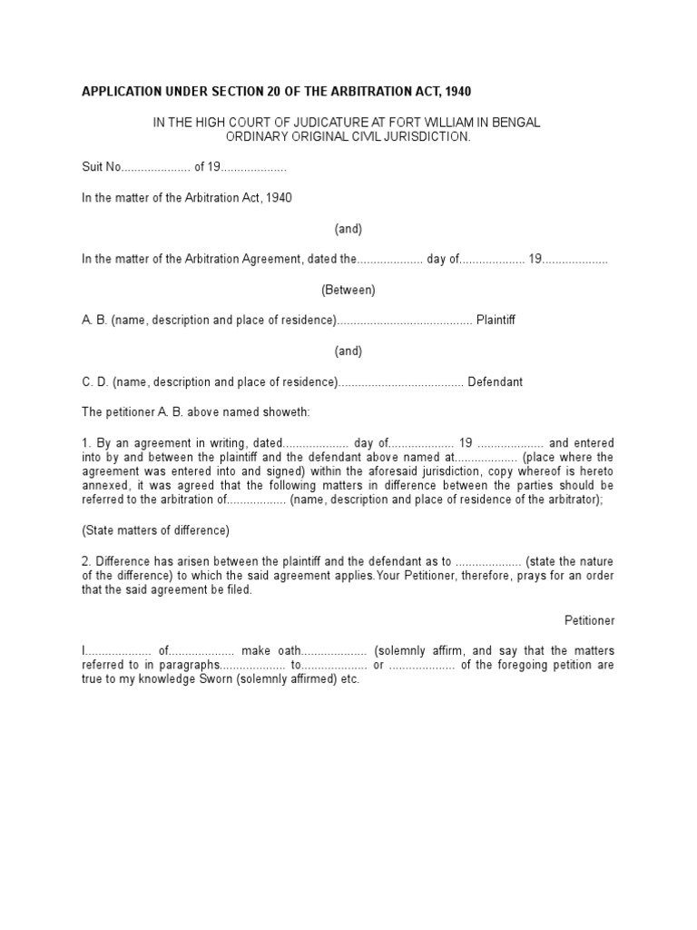 Section 20 Application under Arbitration Act | PDF