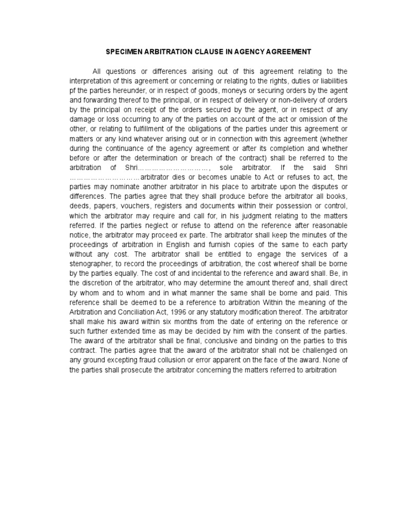 Specimen Arbitration Clause in Agency Agreement | PDF | Arbitration ...