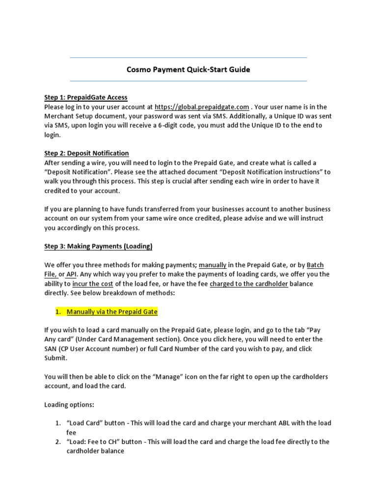 Cosmo Payment Quick-Start Guide: Step 1: Prepaidgate Access | PDF ...