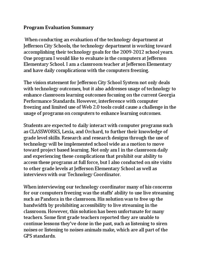 Program Evaluation Summary When Conducting An Evaluation of The Technology Department at | PDF ...