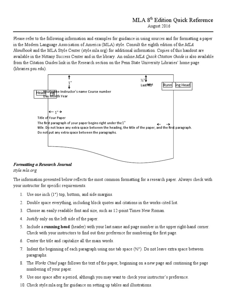 Mla 8 Edition Quick Reference: NG Headi Ing Head Runn | PDF | Citation ...