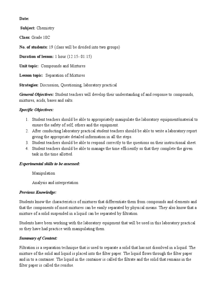Practical - Sample Lesson Plan - Separation of Mixtures | PDF ...