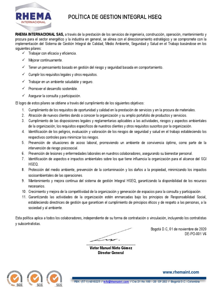 De Po 001 Política De Gestion Integral Hseq V6 01 11 2020 Pdf