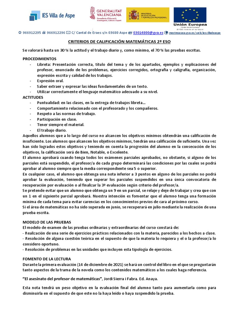 MATEMÁTICAS 2 ESO - Criterios Calificación | PDF | Evaluación | Prueba (evaluación)