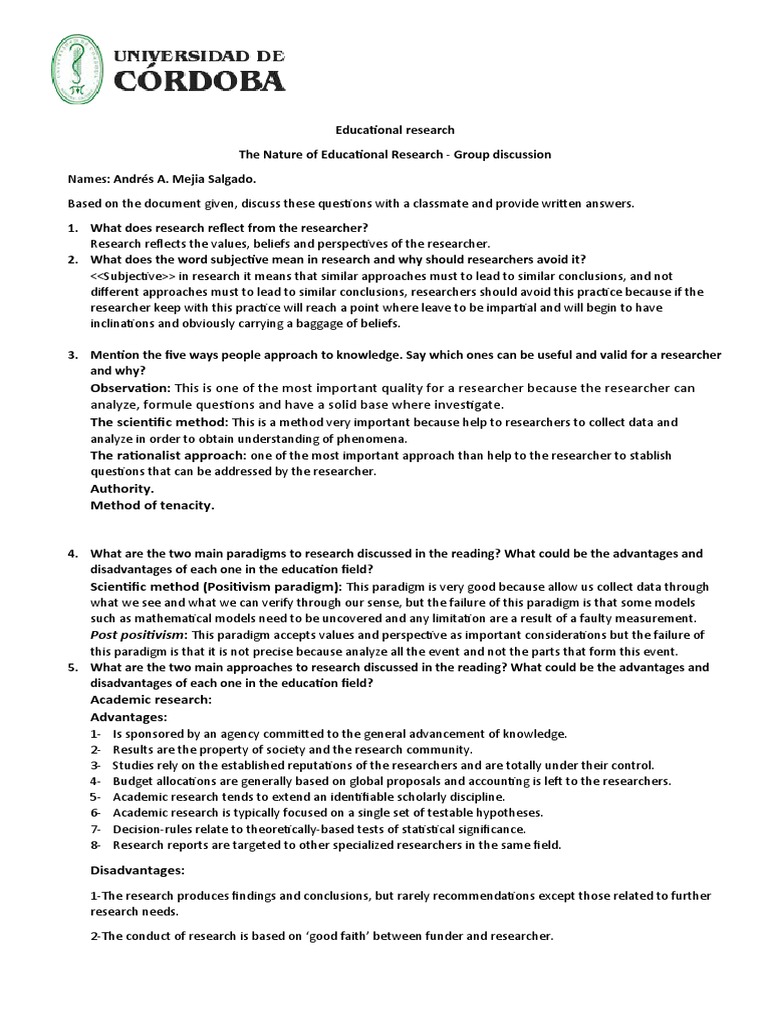 The Nature of Educational Research Worksheet | PDF | Scientific Method ...