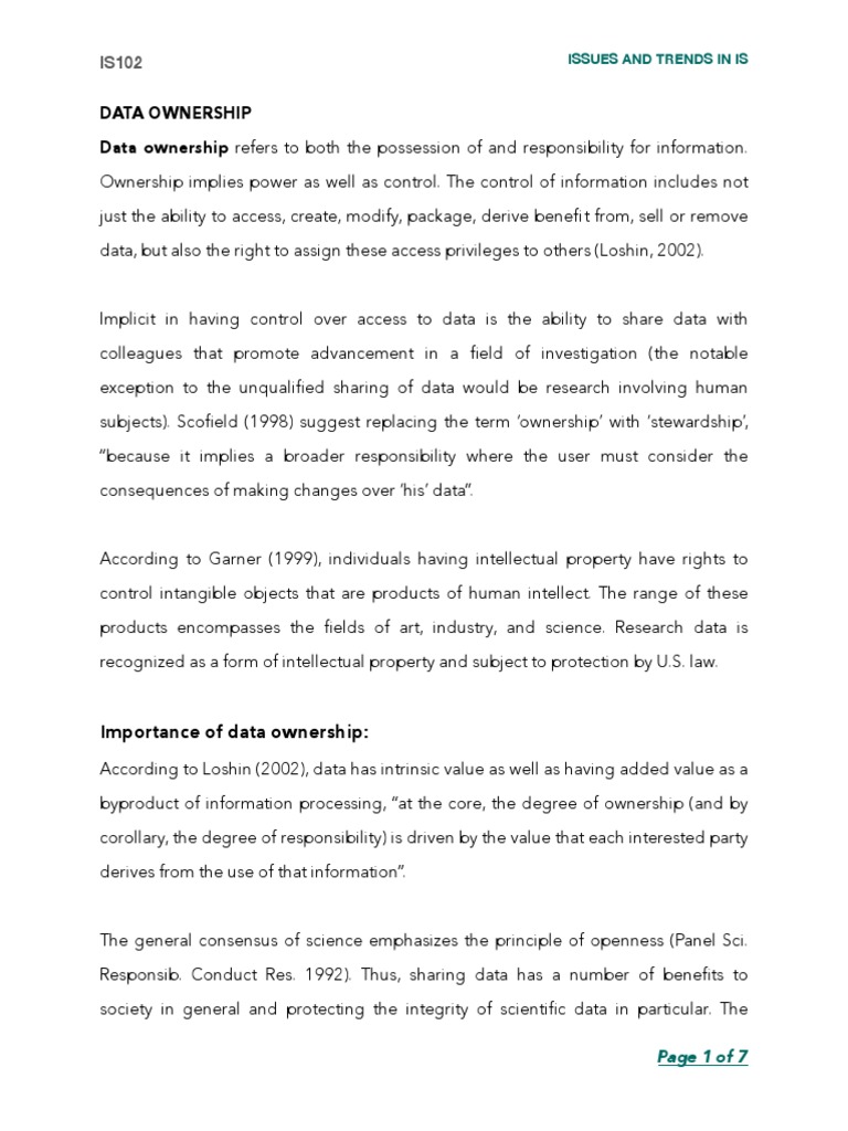 Data Ownership Data Ownership Refers To Both The Possession of and ...