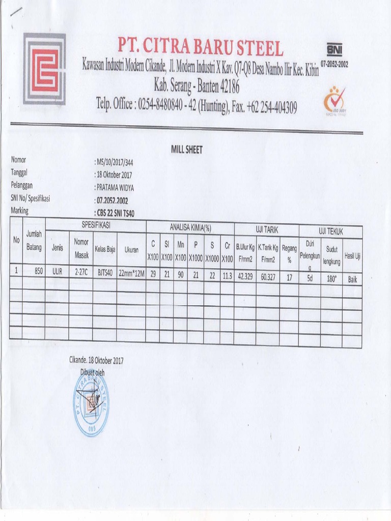 Mill Sheet Besi | PDF