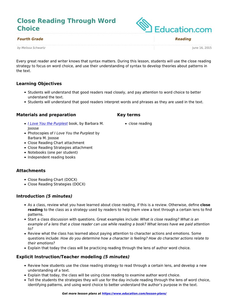 Close Reading Through Word Choice: Learning Objectives | PDF | Books ...