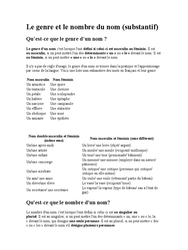 Genre et Nombre des Noms en Français | PDF | Genre grammatical | Nombre ...