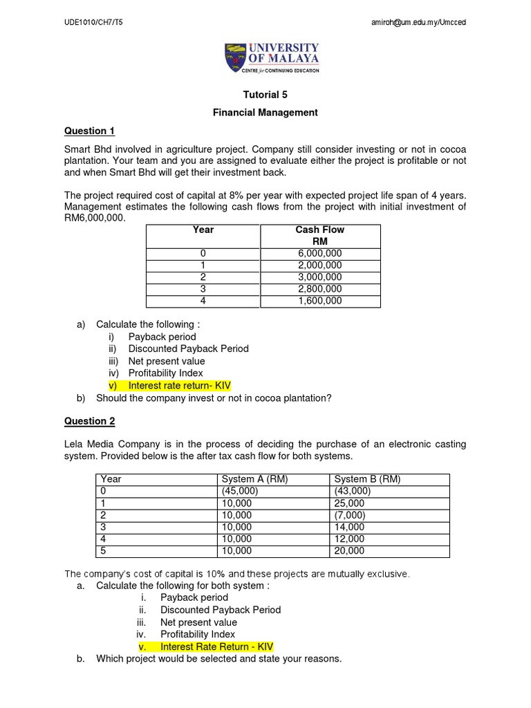 Tutorial 5 Capital Budgeting | PDF | Capital Budgeting | Investing