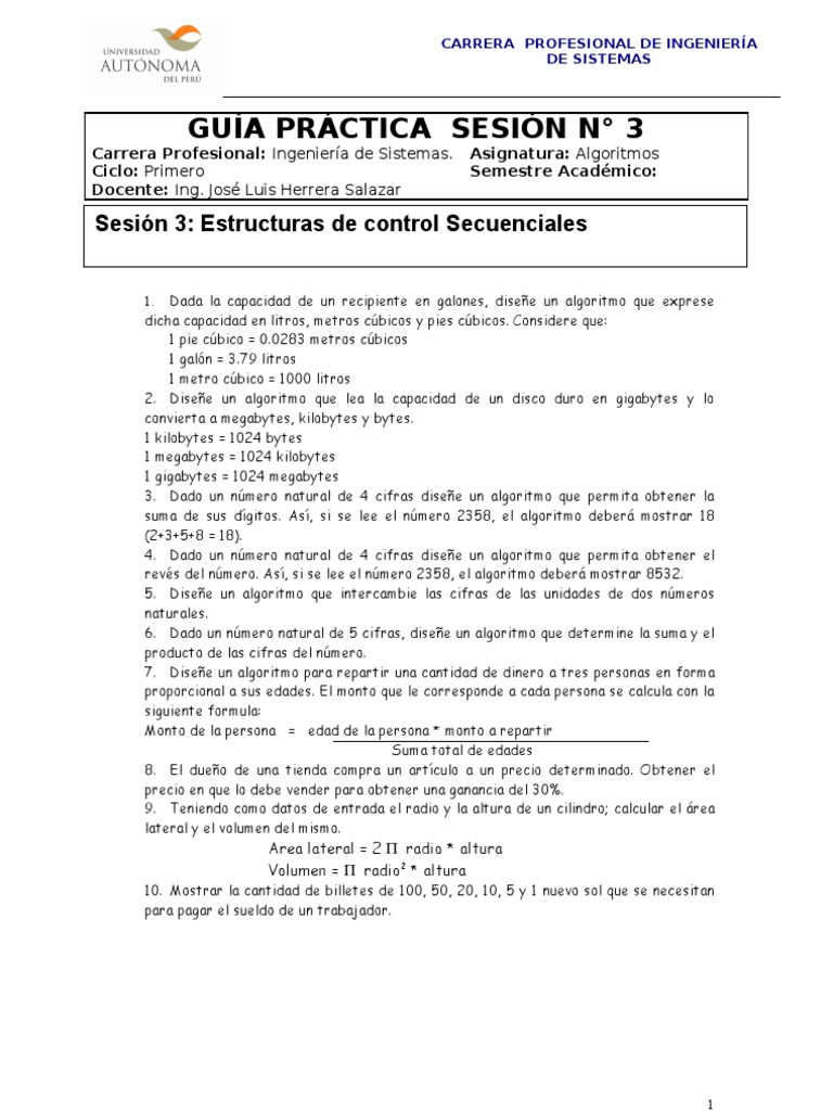 GUIAEJERSESION03 | PDF | Algoritmos | Volumen