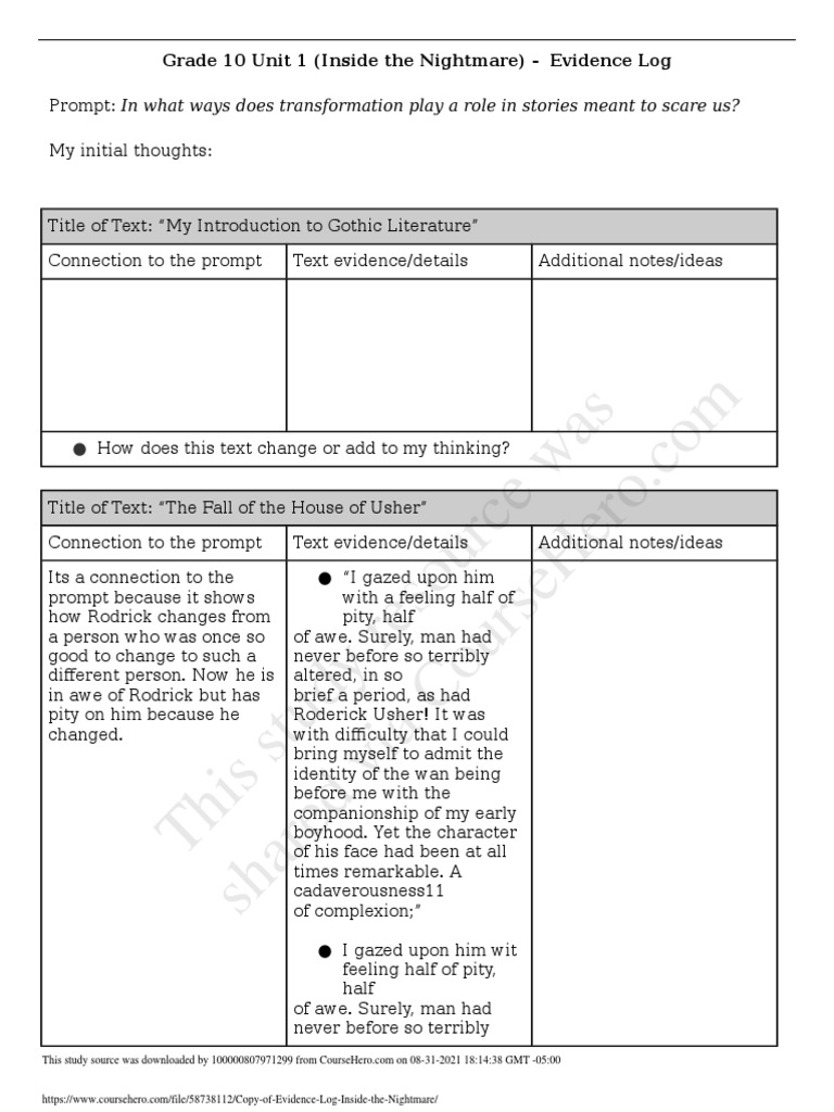 This Study Resource Was: Grade 10 Unit 1 (Inside The Nightmare ...