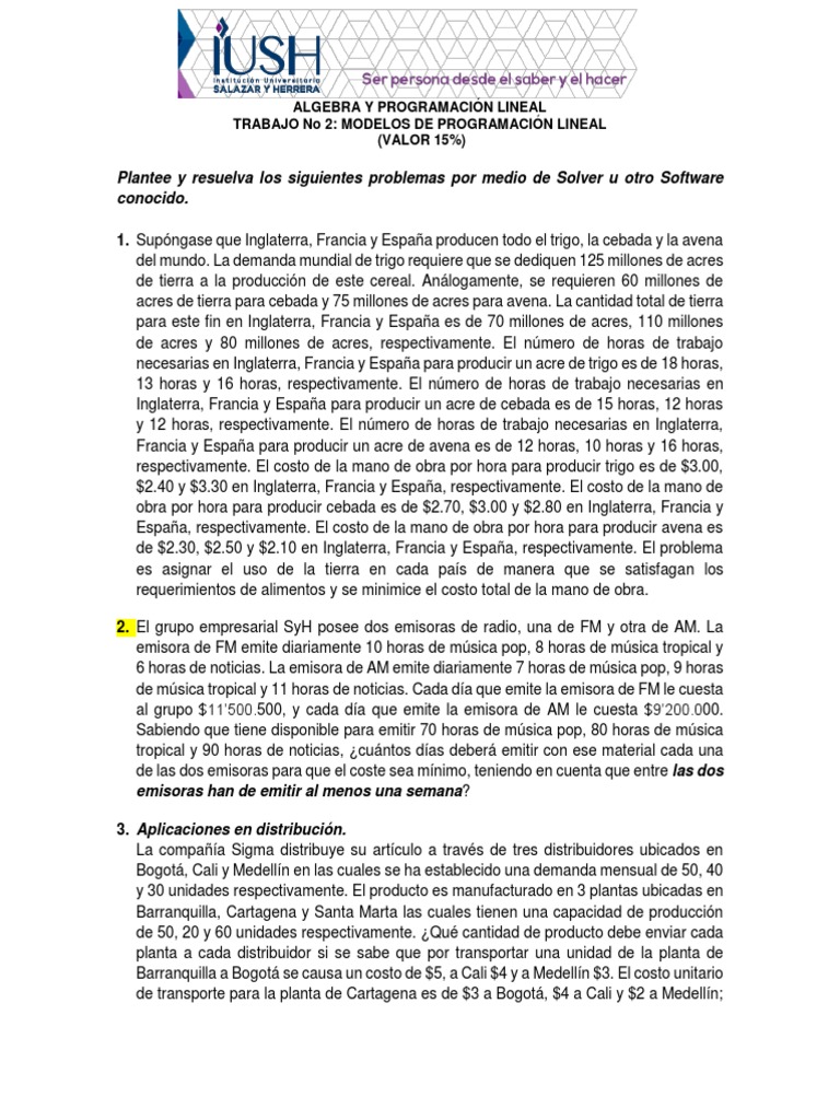 Trabajo No 2 Modelos de PL 2016 I | PDF | Bogotá