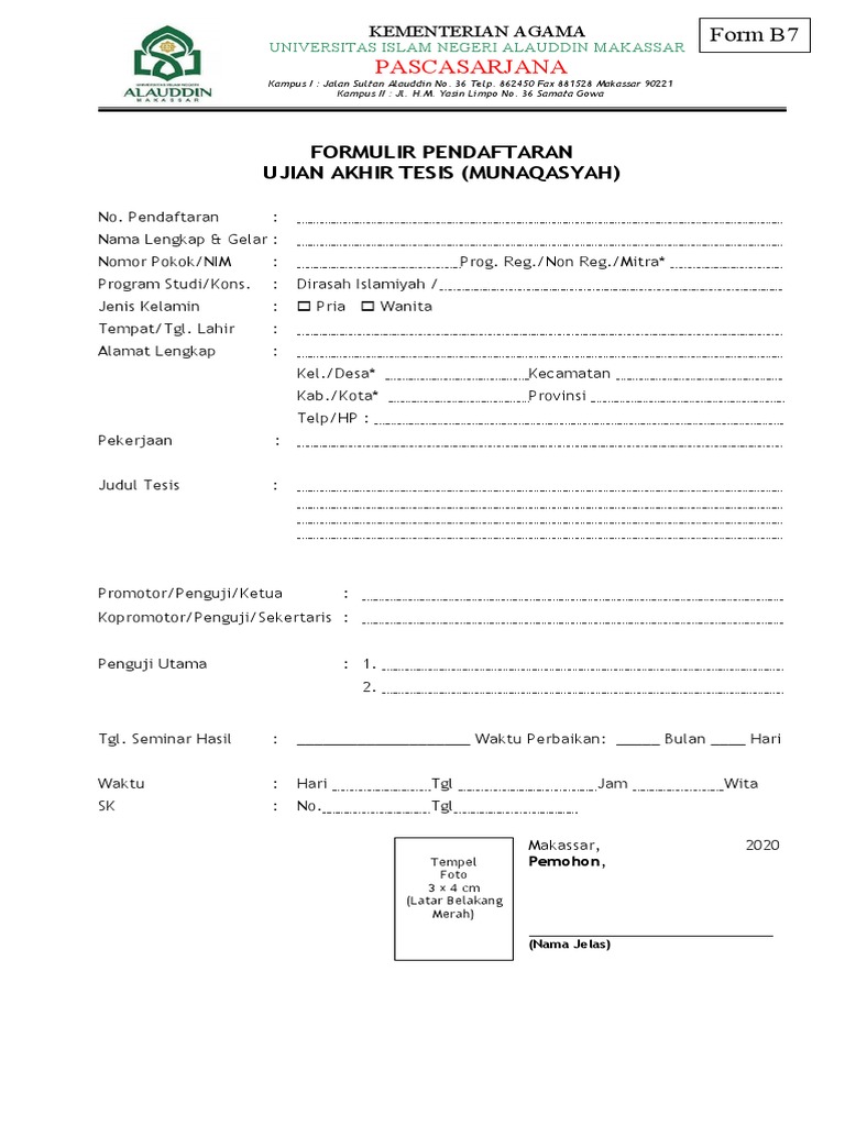 18 Form B 7 - Pendaftaran Ujian Tutup S2-New | PDF