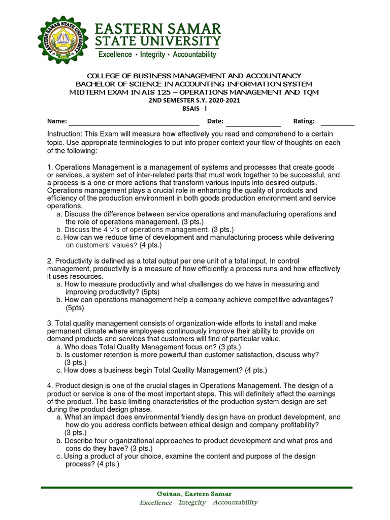 Operations Management Midterm Exam Guide | PDF | Operations Management ...