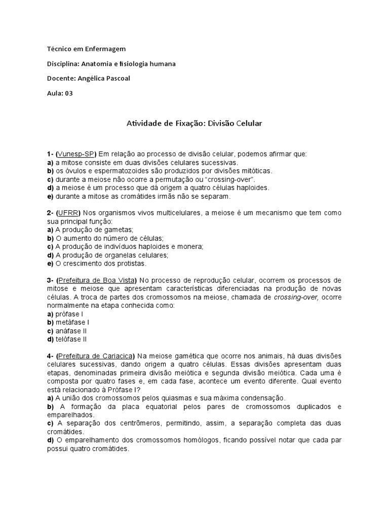 Atividade Aula 03 Tec - Enf ANATOMIA | PDF | Meiose | Mitose