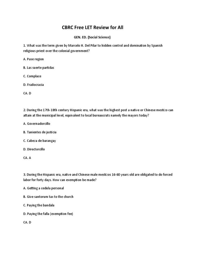 CBRC Free LET Review For All: GEN. ED. (Social Science) | PDF | Philippines | Taxes